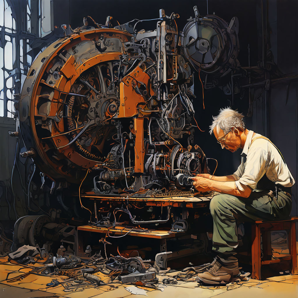 A drawing of a large broken machine and a small inventor fi... by arp ...