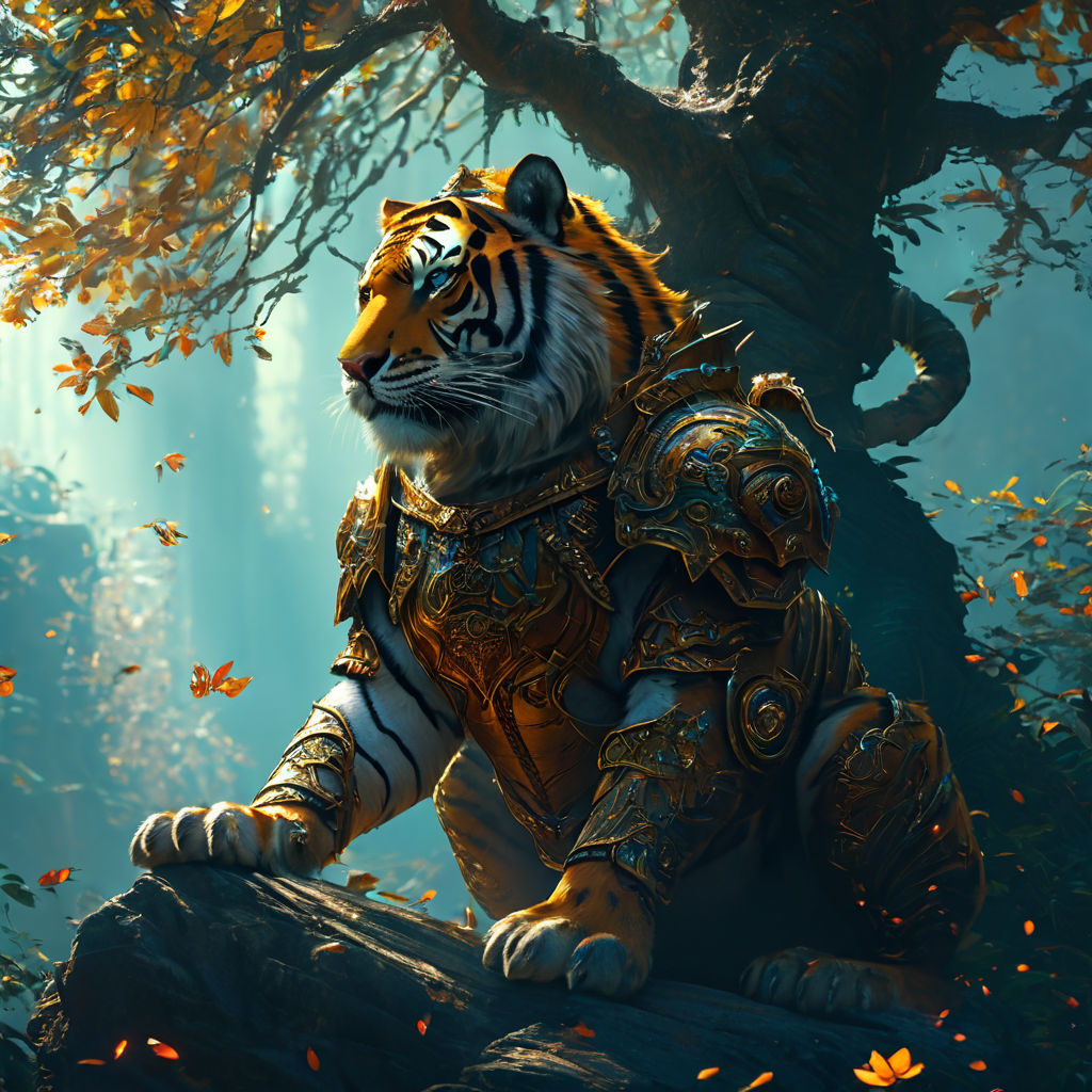 Tiger with a holy glow and golden armour lying in front of a... by J L ...