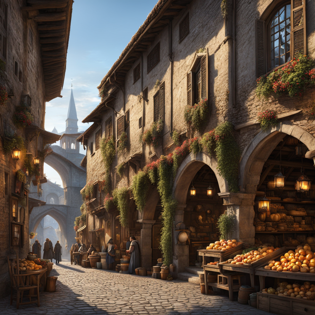 Medieval small town with a stone town gate arch on a market ... by ...