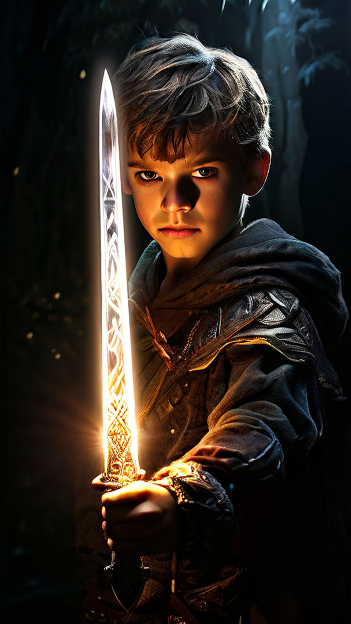 Boy gripping a luminescent dagger emitting a radiant magical... by ...