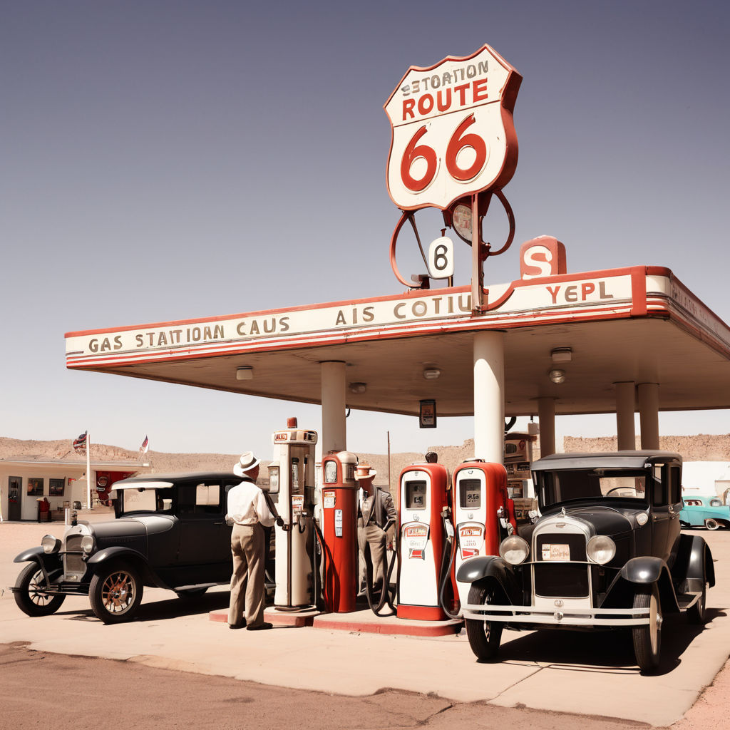 A gas station on Route 66 in the USA. The setting is from th... by ...