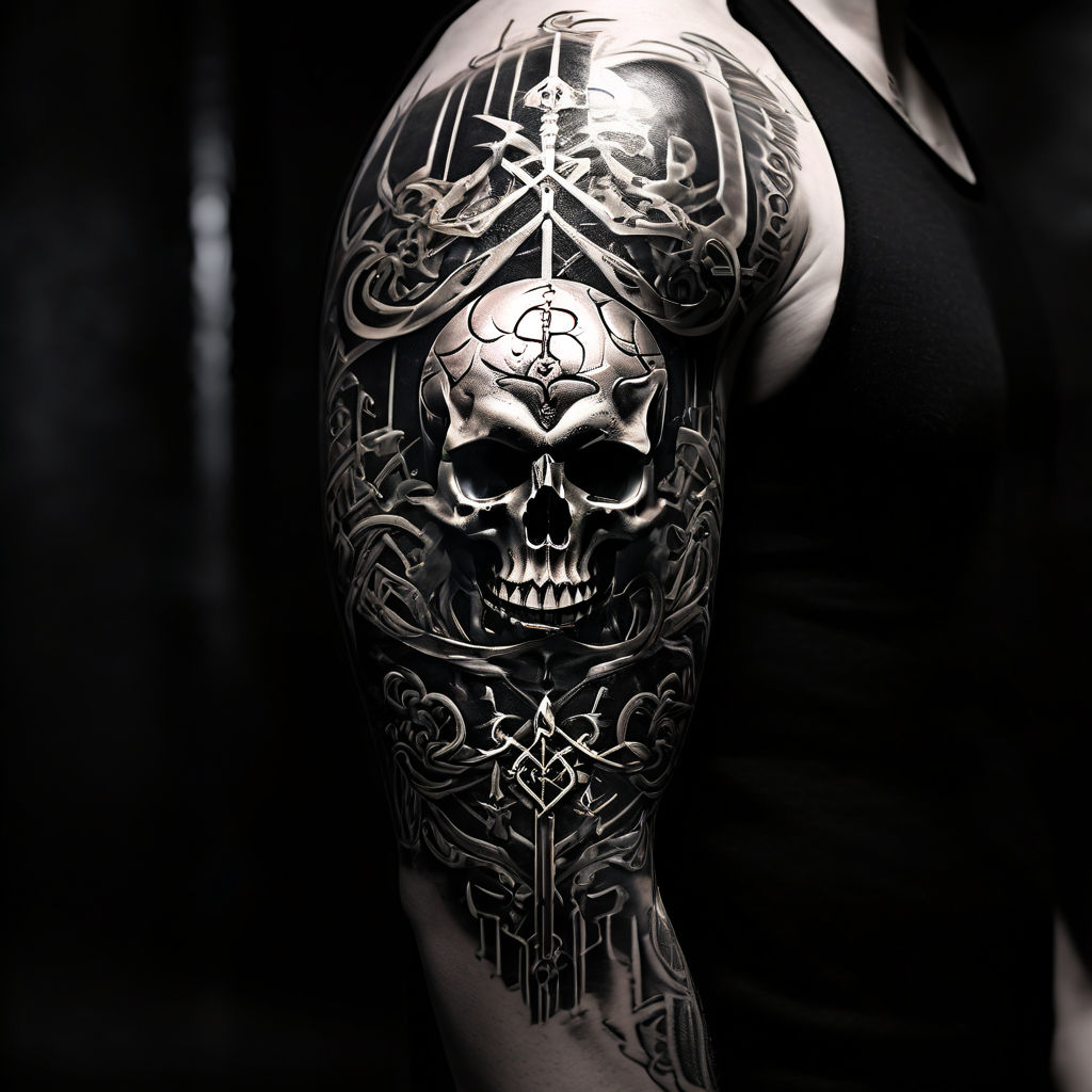 Arm tattoo featuring a skull entwined with Norse mythology e... by P F ...