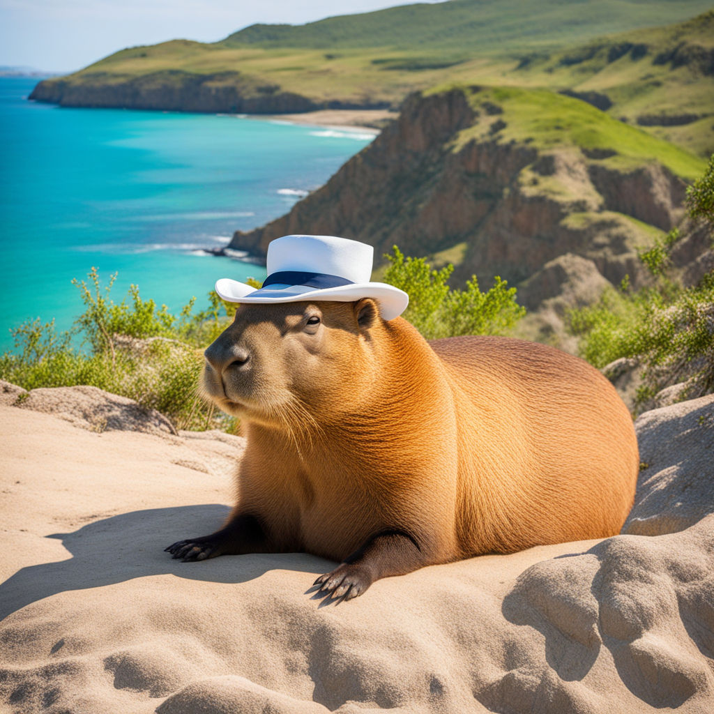 A fat capybara sunbathing on the seashore while wearing a sa... by Alex ...