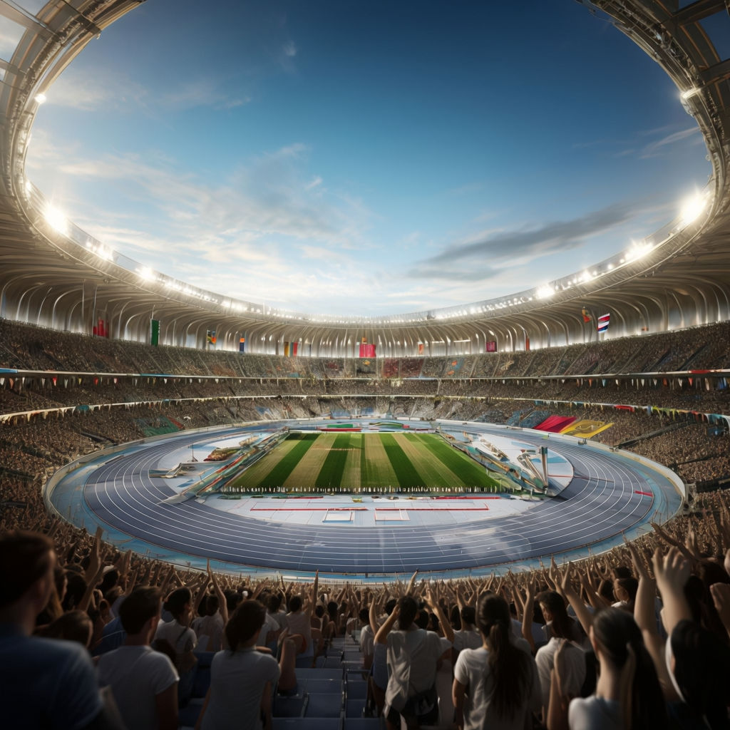 Create a vibrant scene of a modern Olympic stadium by Sanjay Saju ...