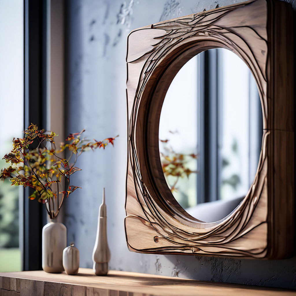 Modern contemporary asymmetrical mirror with wooden frame on... by ... Modern contemporary asymmetrical mirror with wooden frame on... by ...