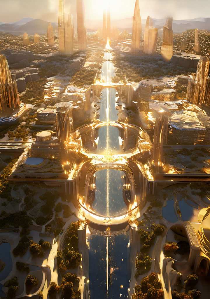 Aerial view of Aurum City with opulent gold by Korey Boston - Playground