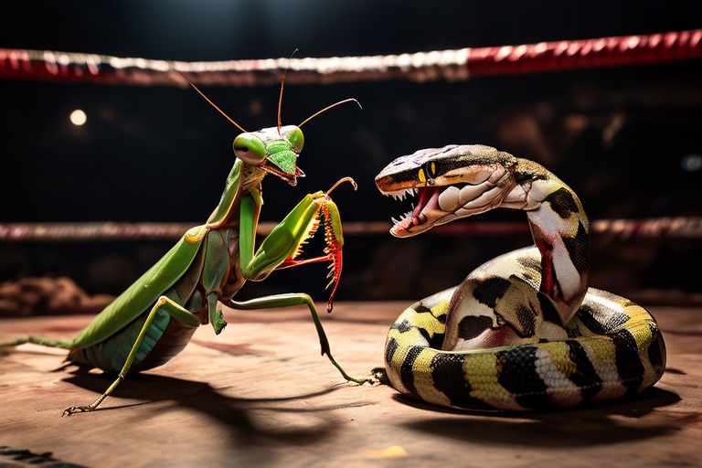 Praying mantis fighting a snake in a boxing ring by Luis Moraes ...