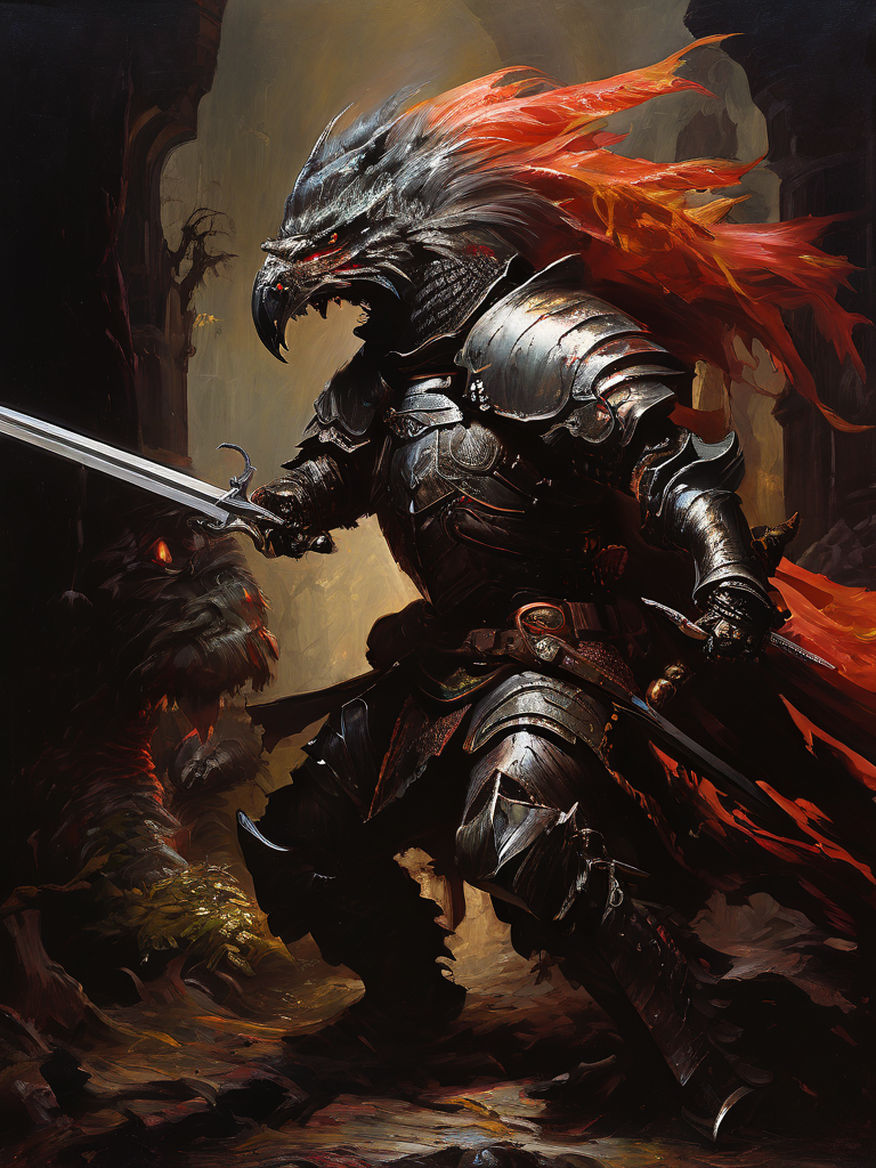 Knight with a impressive featherhelmet fighting a monster in... by Tim ...