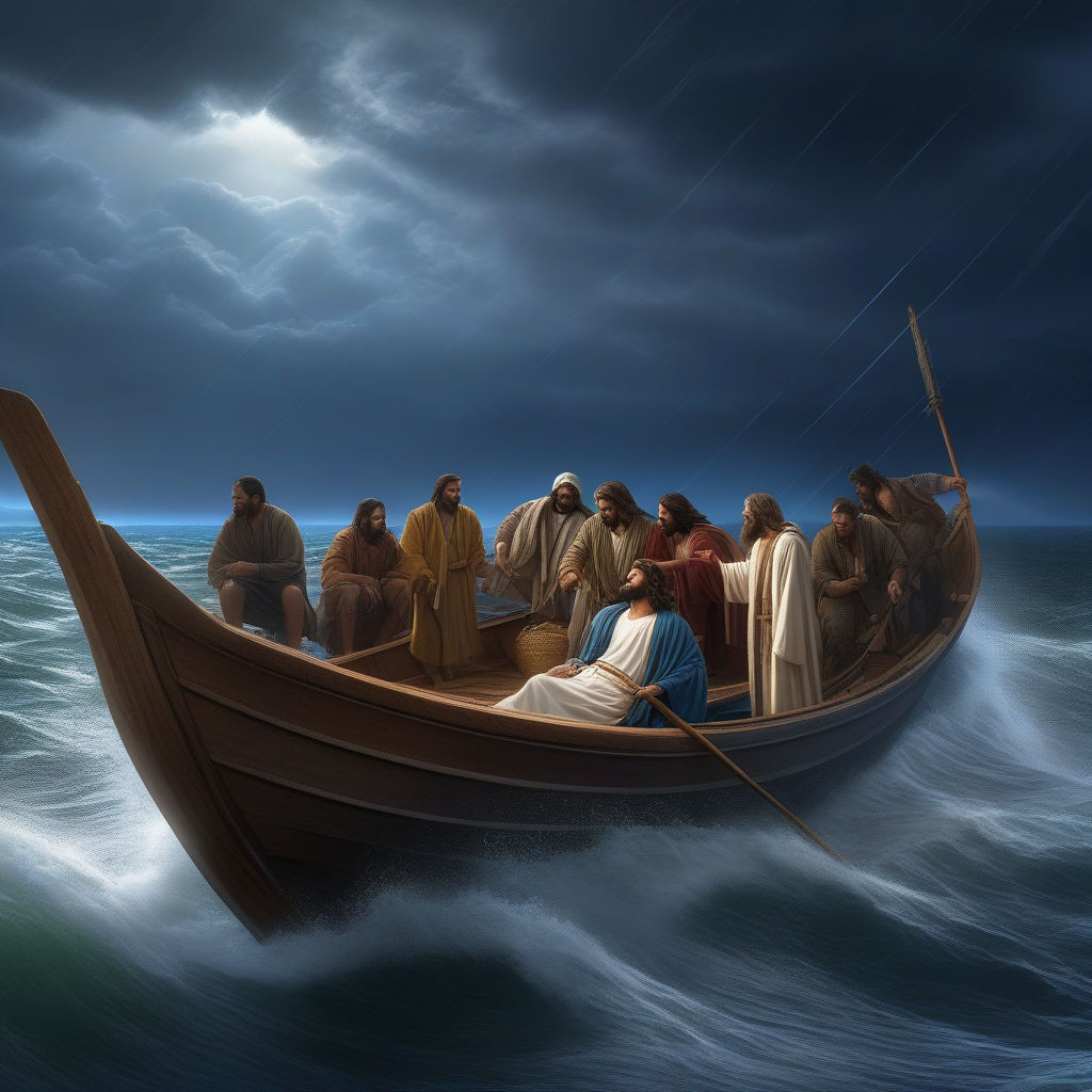 Jesus sleeping in the boat and the disciples afraid of the r... by ...
