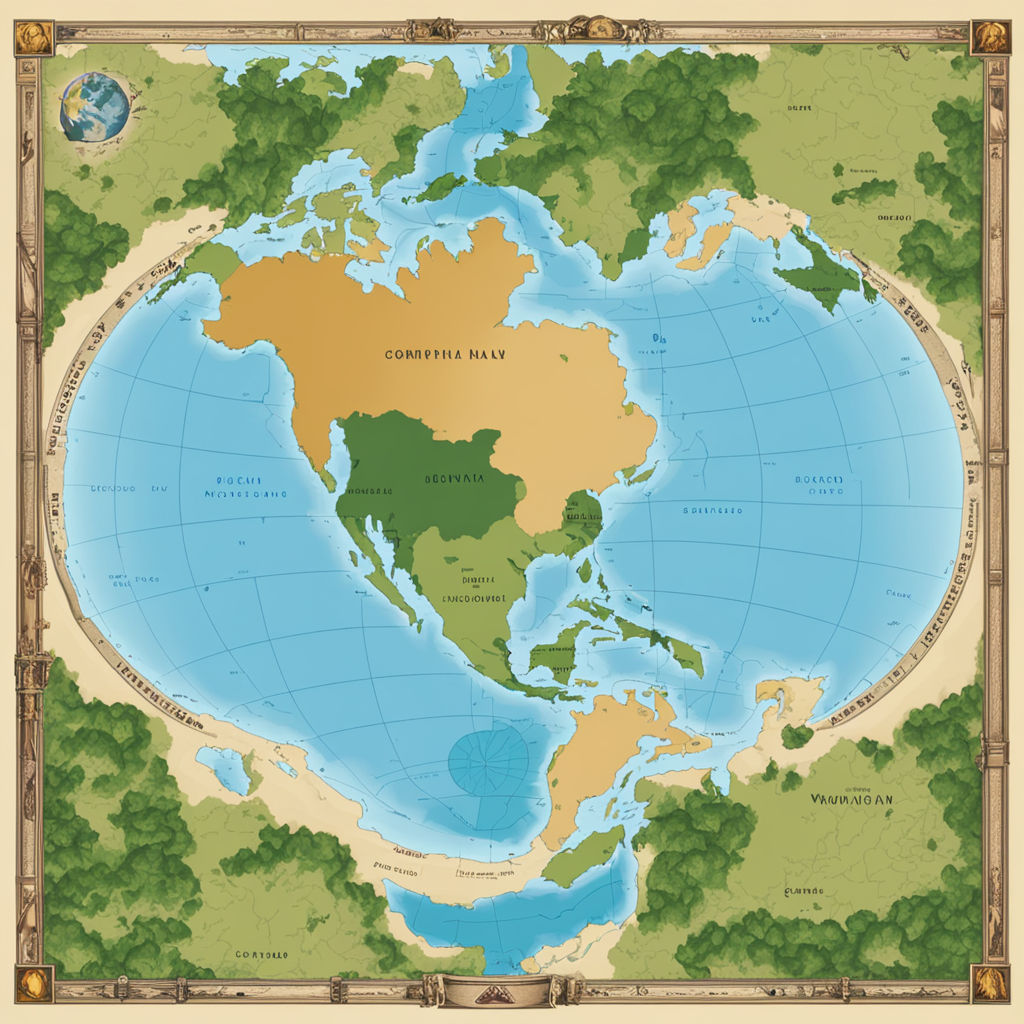Generate an image of a completely fictional world map. The w... by ...