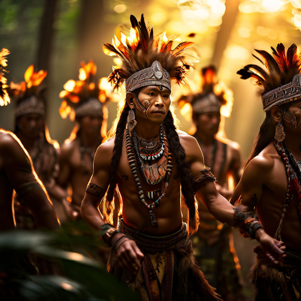 "A panoramic view of Dayak tribe members performing a tradit... by ...