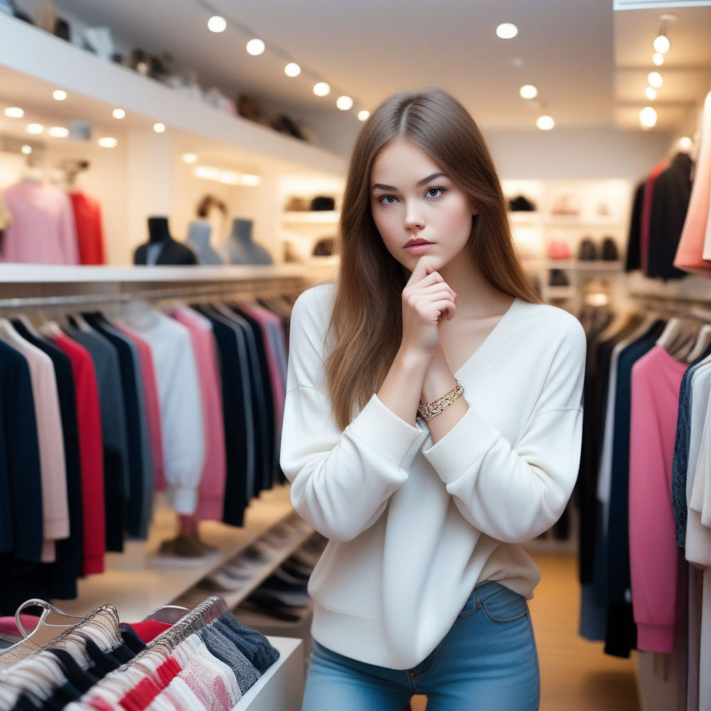 A Beautiful Girl Is Standing In A Clothing Store Holding Her By