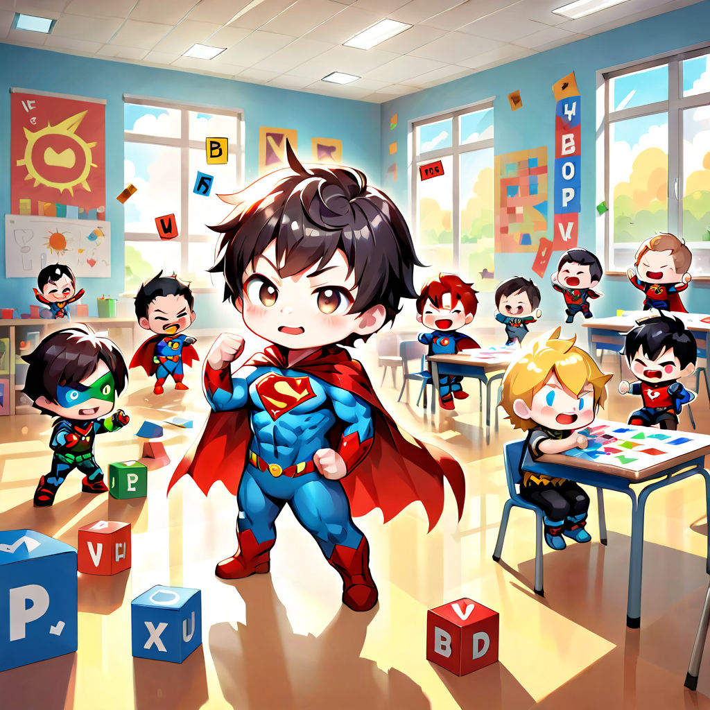 Chibi-style illustration depicting exuberant male superheroe... by John ...
