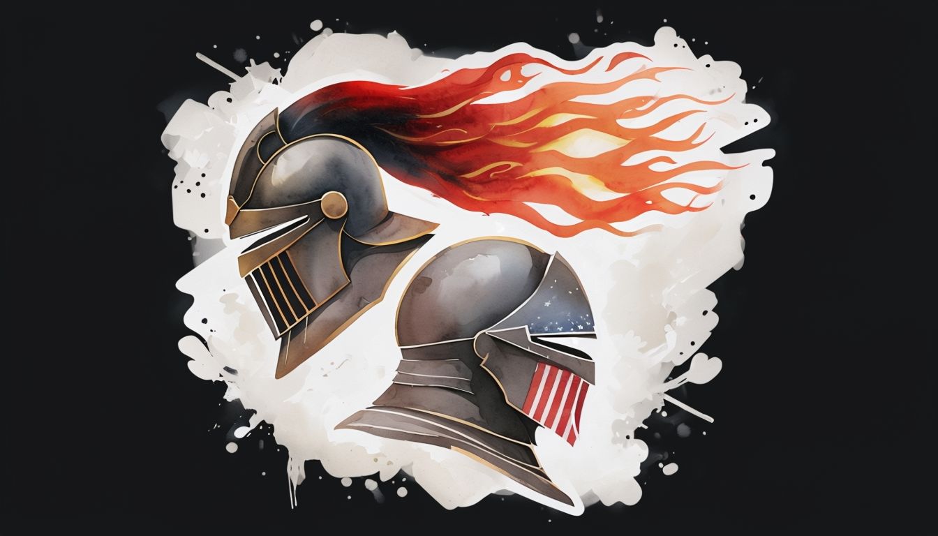 Stylized Knight Helmets With Fiery Crests On Black Background - Playground