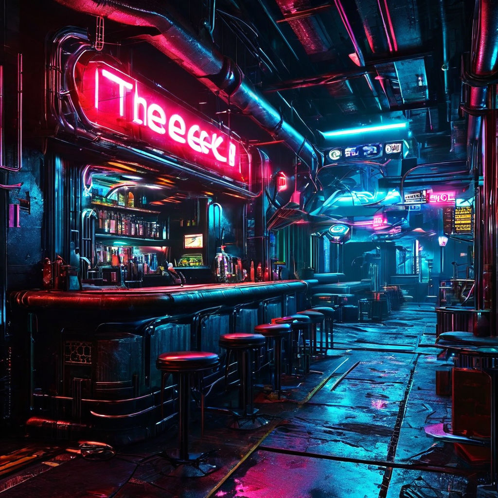Cyberpunk. Front of dive bar. Shadowrun. Bar called "The Gee... by Pox ...