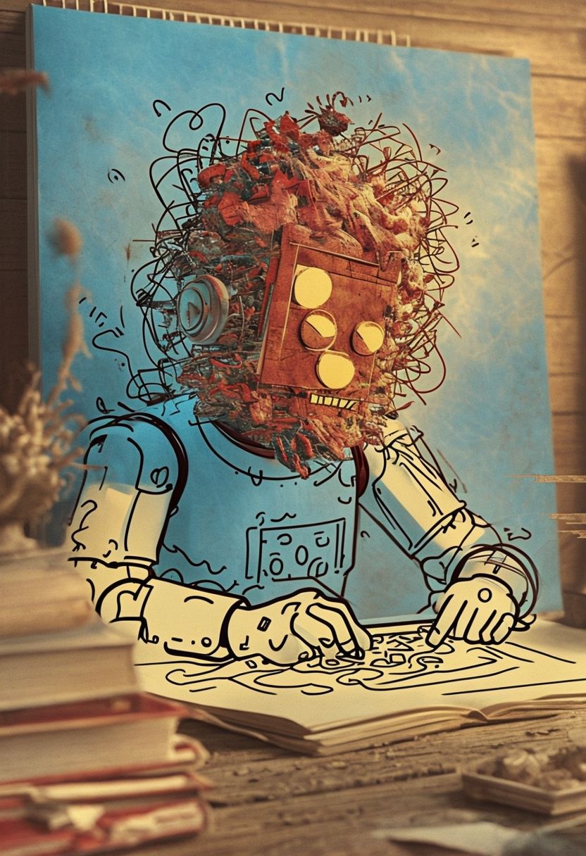 Surreal Humanoid Robot At Desk With Retro Nostalgic Vibes - Playground