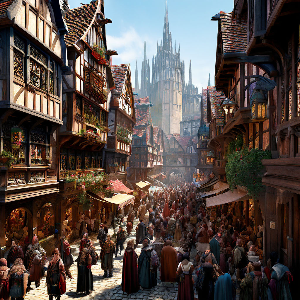 Crowded hyperrealistic medieval renaissance fantasy village ... by The ...