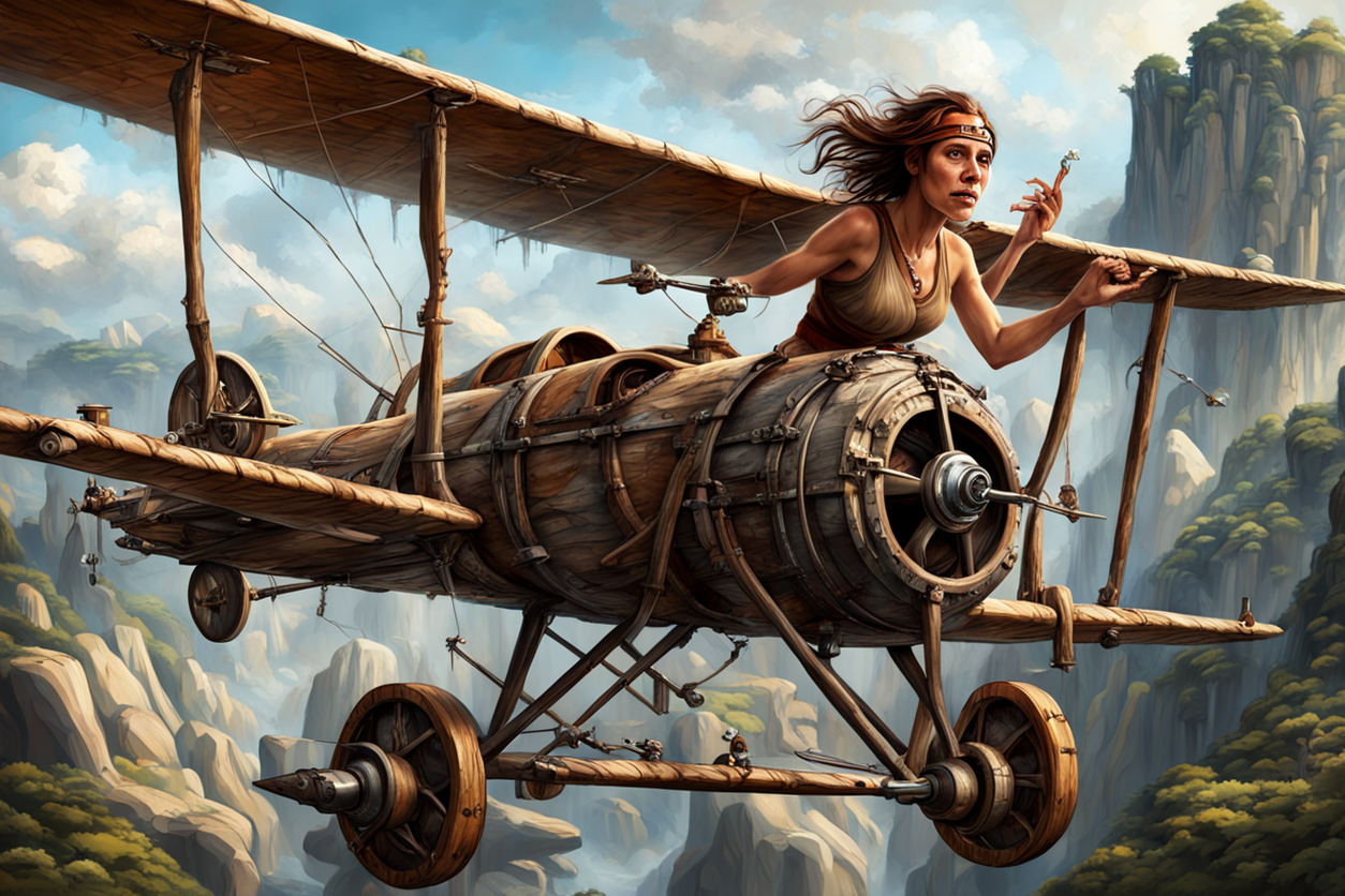 Neanderthal woman piloting a biplane with Stone Age aestheti... by ...