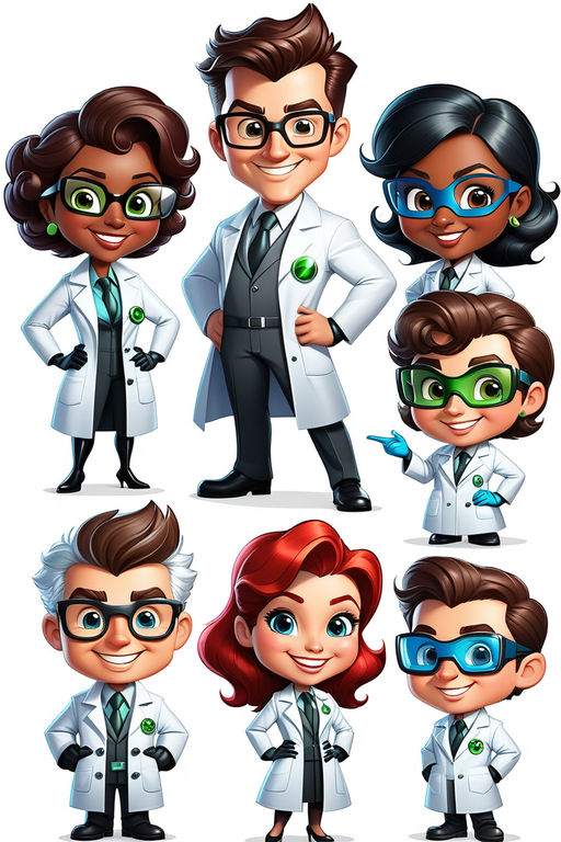 Set of 4 cartoon Scientist superhero characters by Mark Terrey - Playground