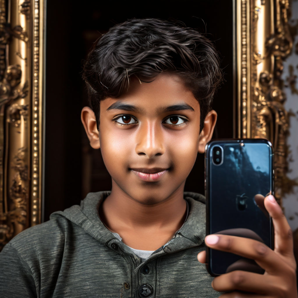 A 14 year Indian old boy talking mirror selfie with an iPho... by Nuga - Playground
