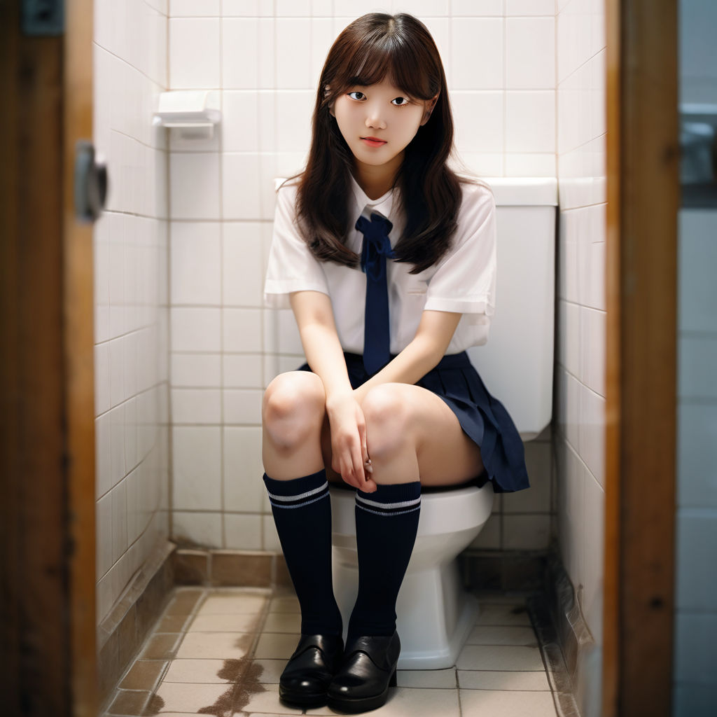 Pretty Korean High School Girl Sitting on a Toilet and shy a... by appy H - Playground