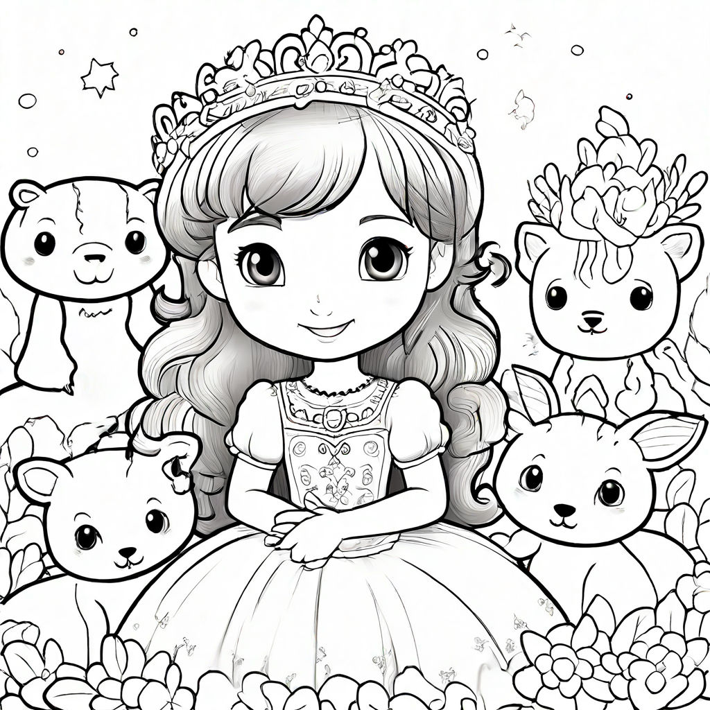 Princess surrounded by cute animals in a children's coloring... by ...