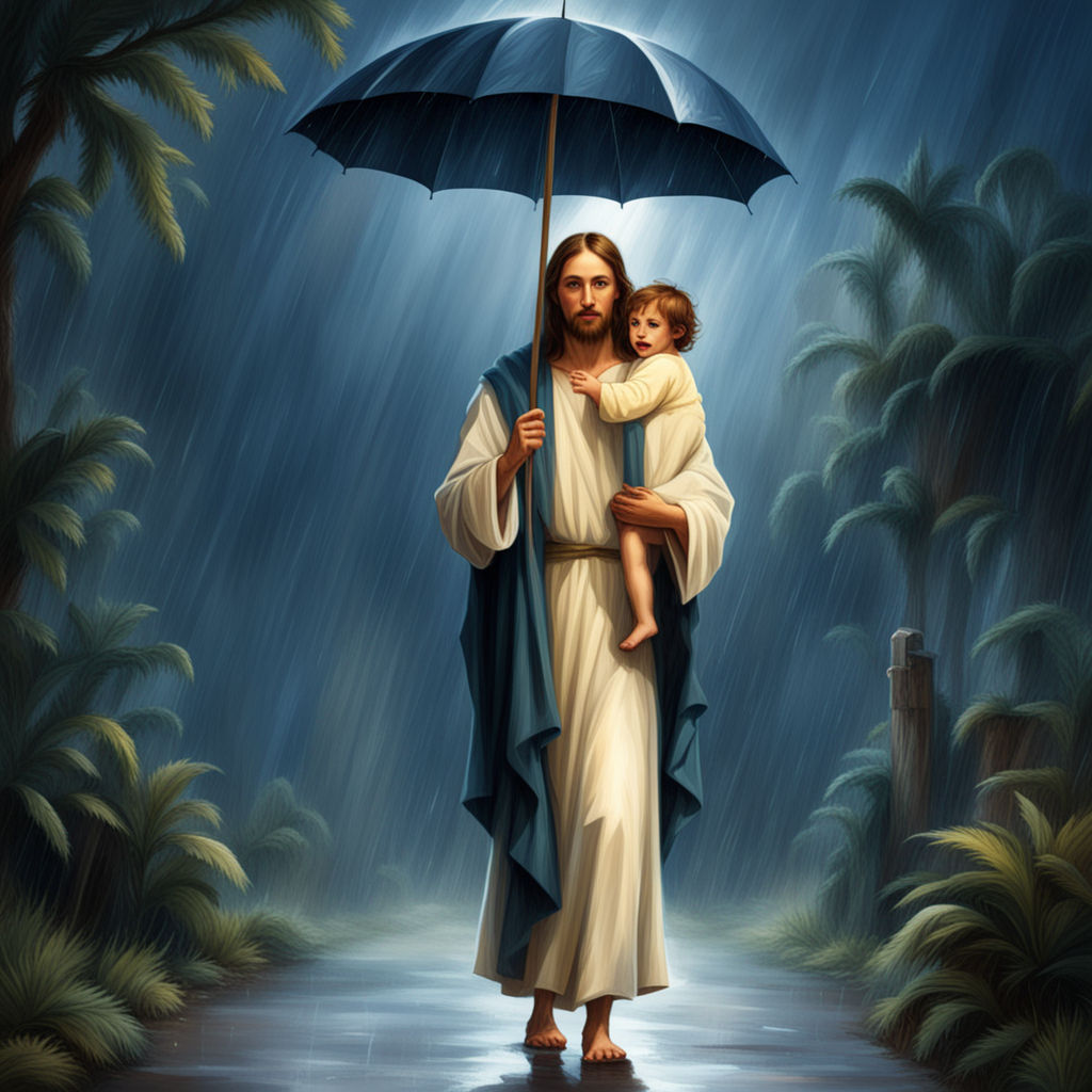 Jesus Christ holds an umbrella in one hand and a little boy ... by 黃文忠 ...