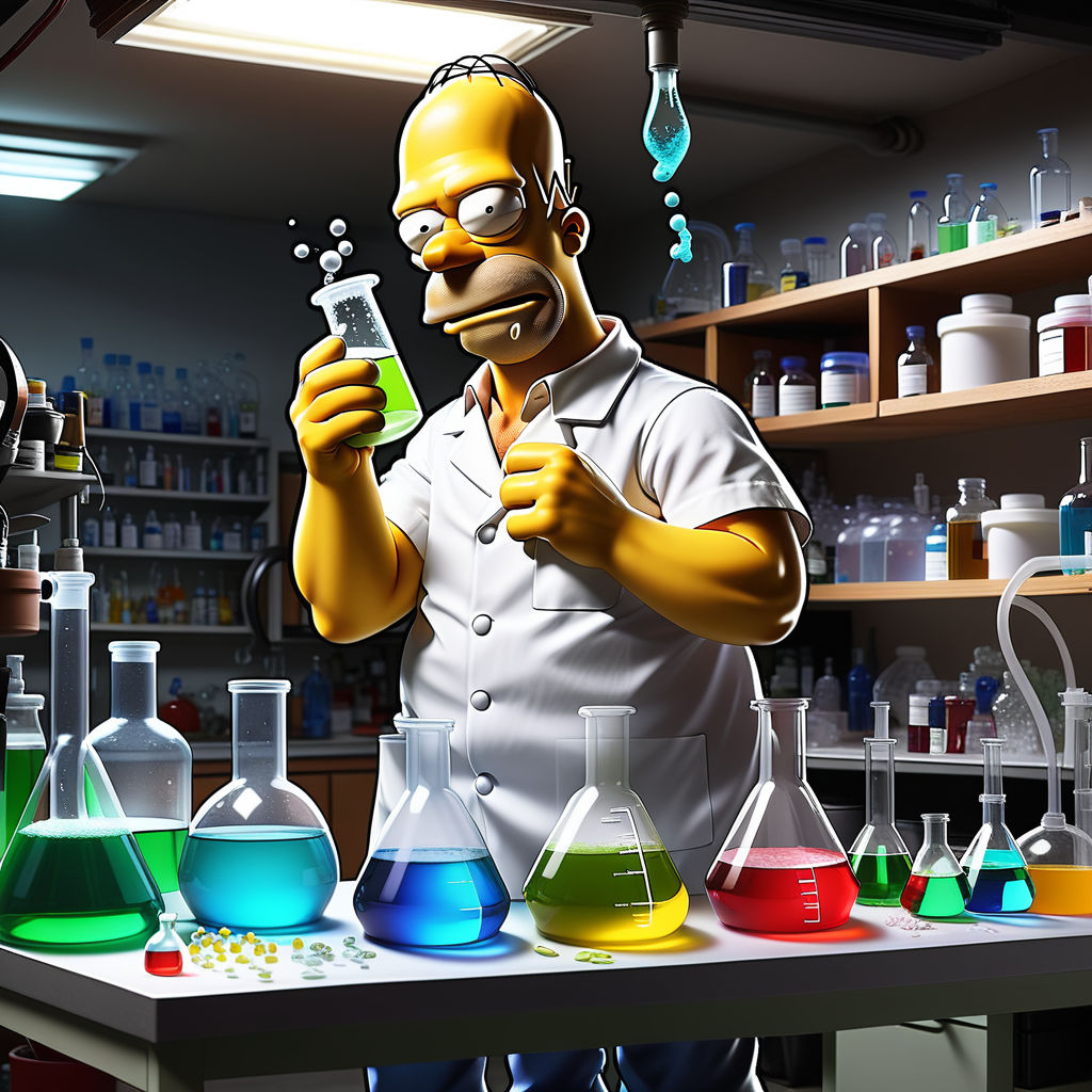 Homer Simpson as a scientist cooking chemicals in a lab in a... by XiXa ...