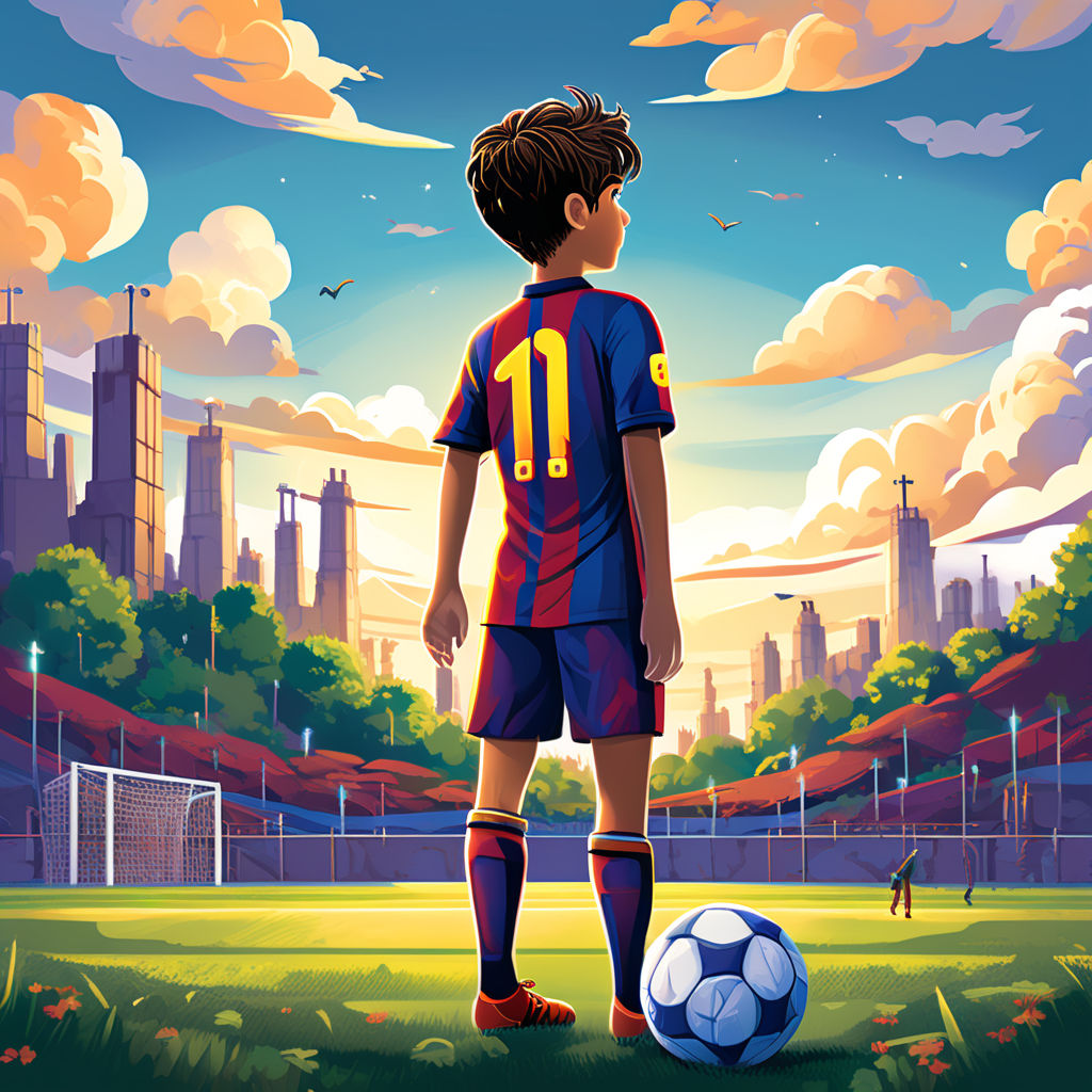 Cartoon illustration of a boy wearing a Barcelona jersey vie... by ...