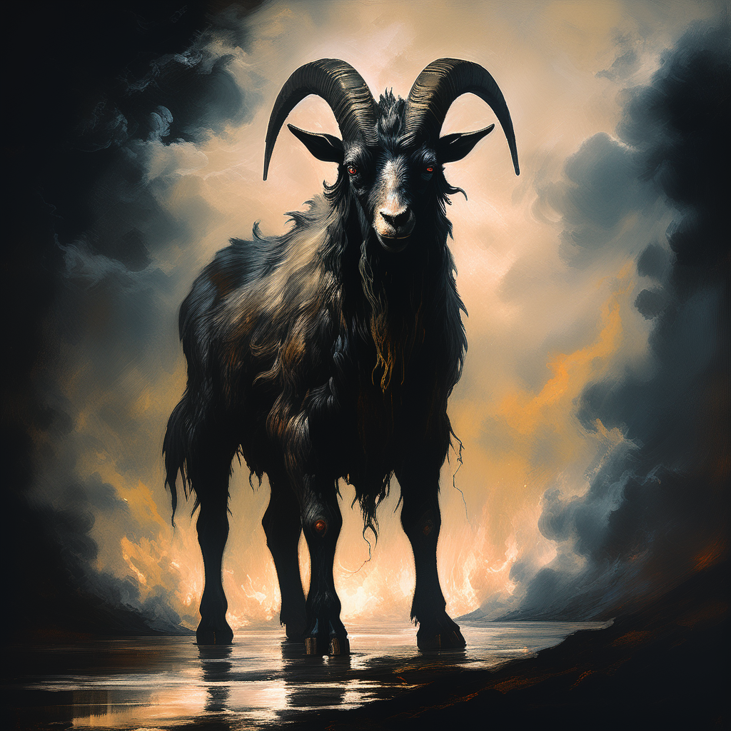 Black goat demon stands center in a Goya-style vintage illus... by ...