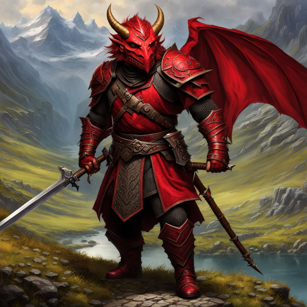 Red dragonborn from dnd with lonsword standing in the highla... by Dr ...