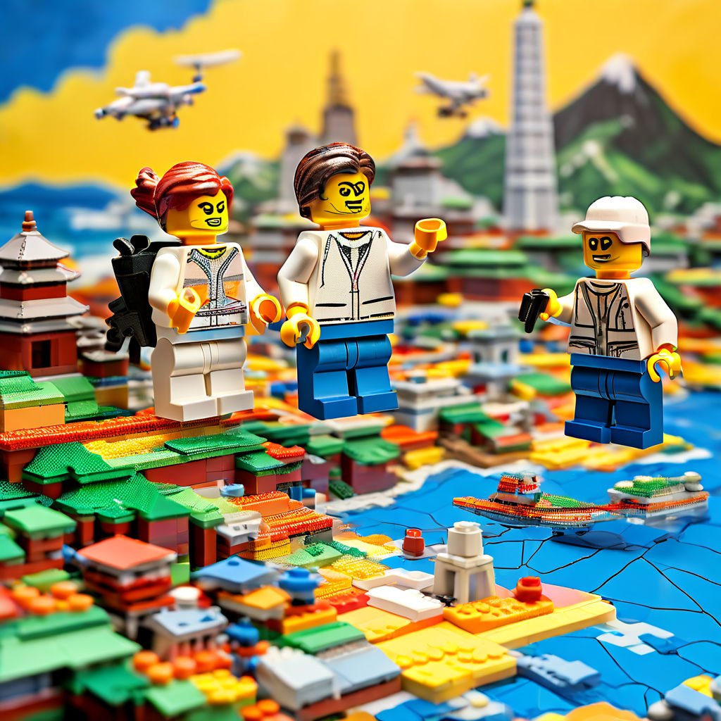 Lego figures clad in a spectrum of vibrant attire flying abo... by 許哲禎 ...