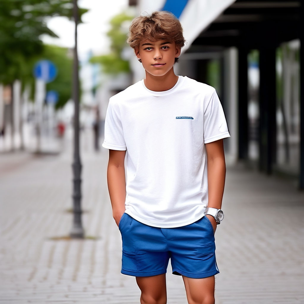 Jeune garçon de 16 ans portant un t-shirt blanc simple et un... by ...