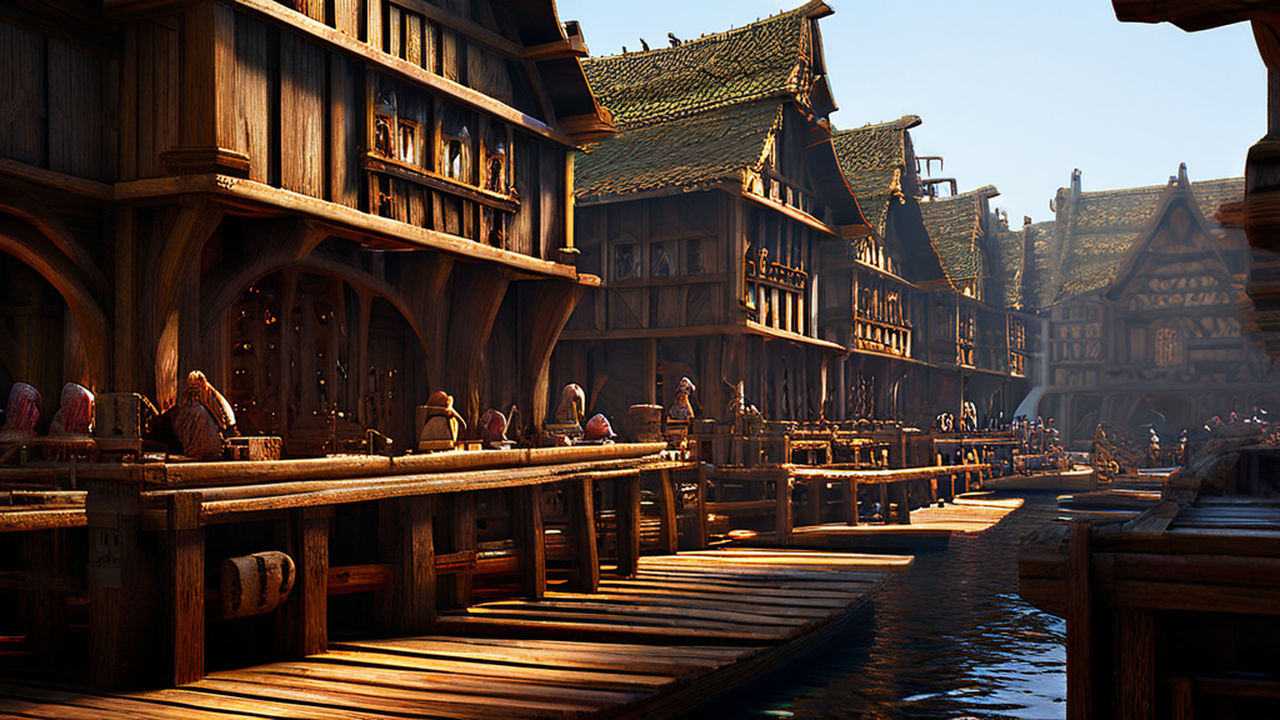 Medieval wooden port bustling with activity captured in a ph... by ...
