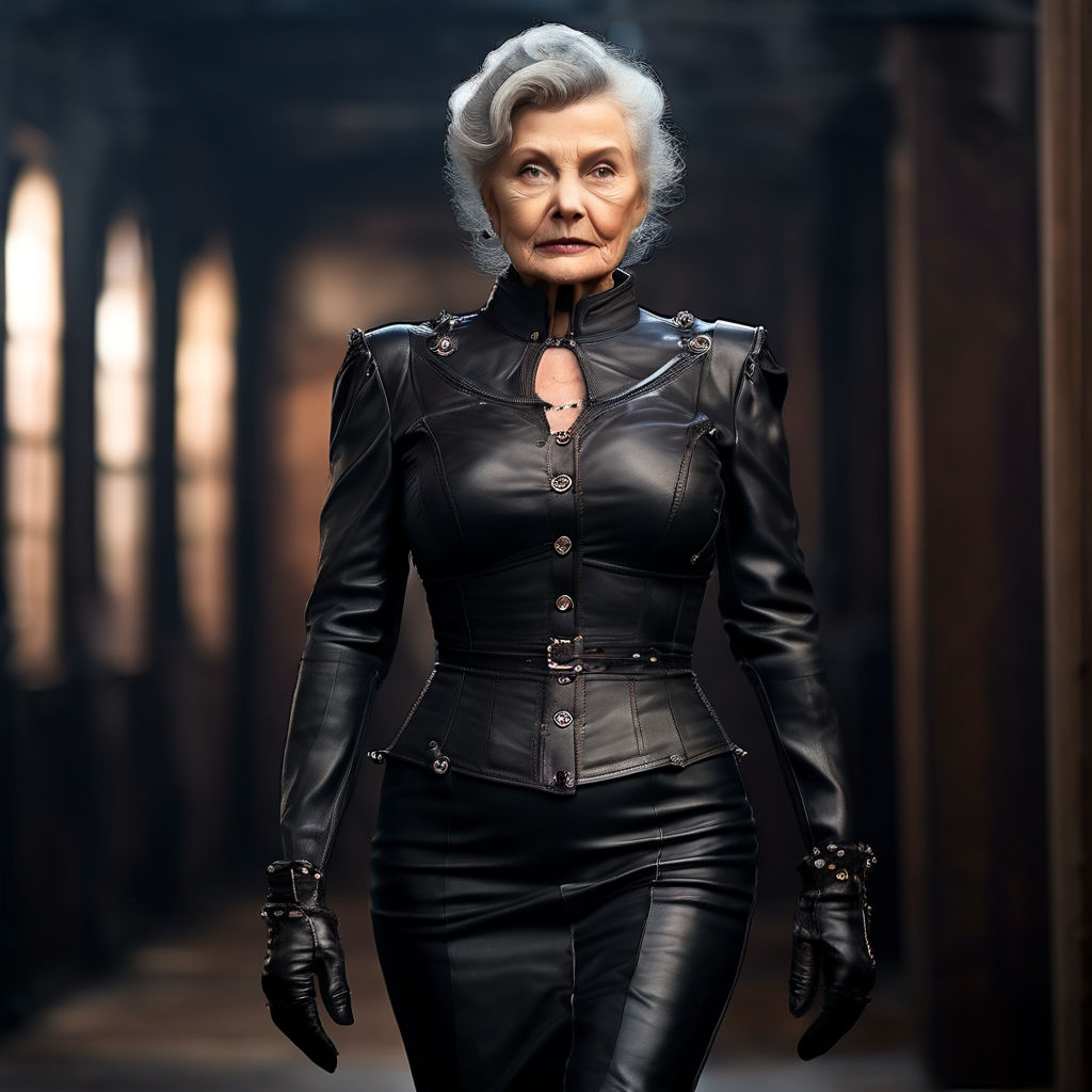 Old strict lady with large bust in a skin-tight leather dres... by ...