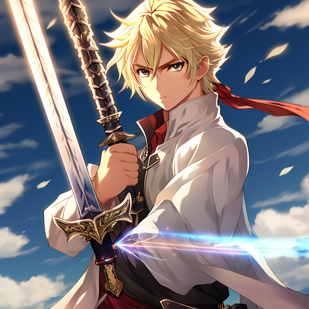 16 years old anime boy blonde holding a sword by יובל רייך - Playground