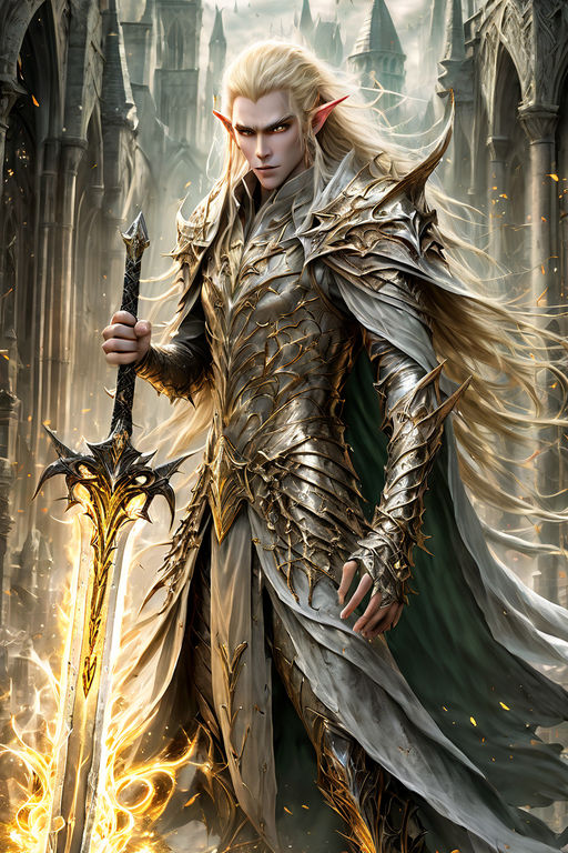 Full body photograph of a mighty fantasy Great High elf prin... by ...