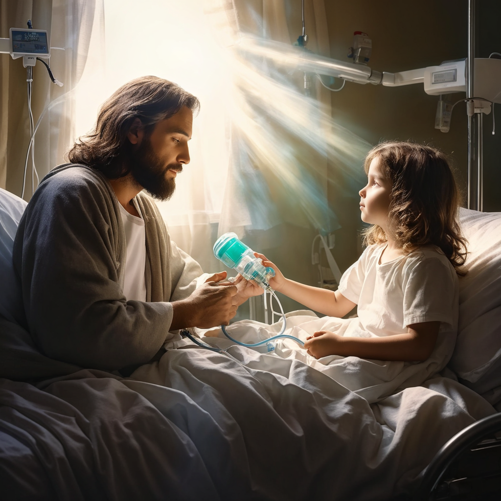 Jesus Christ healing a child in a hospital room with an oxyg... by JB ...