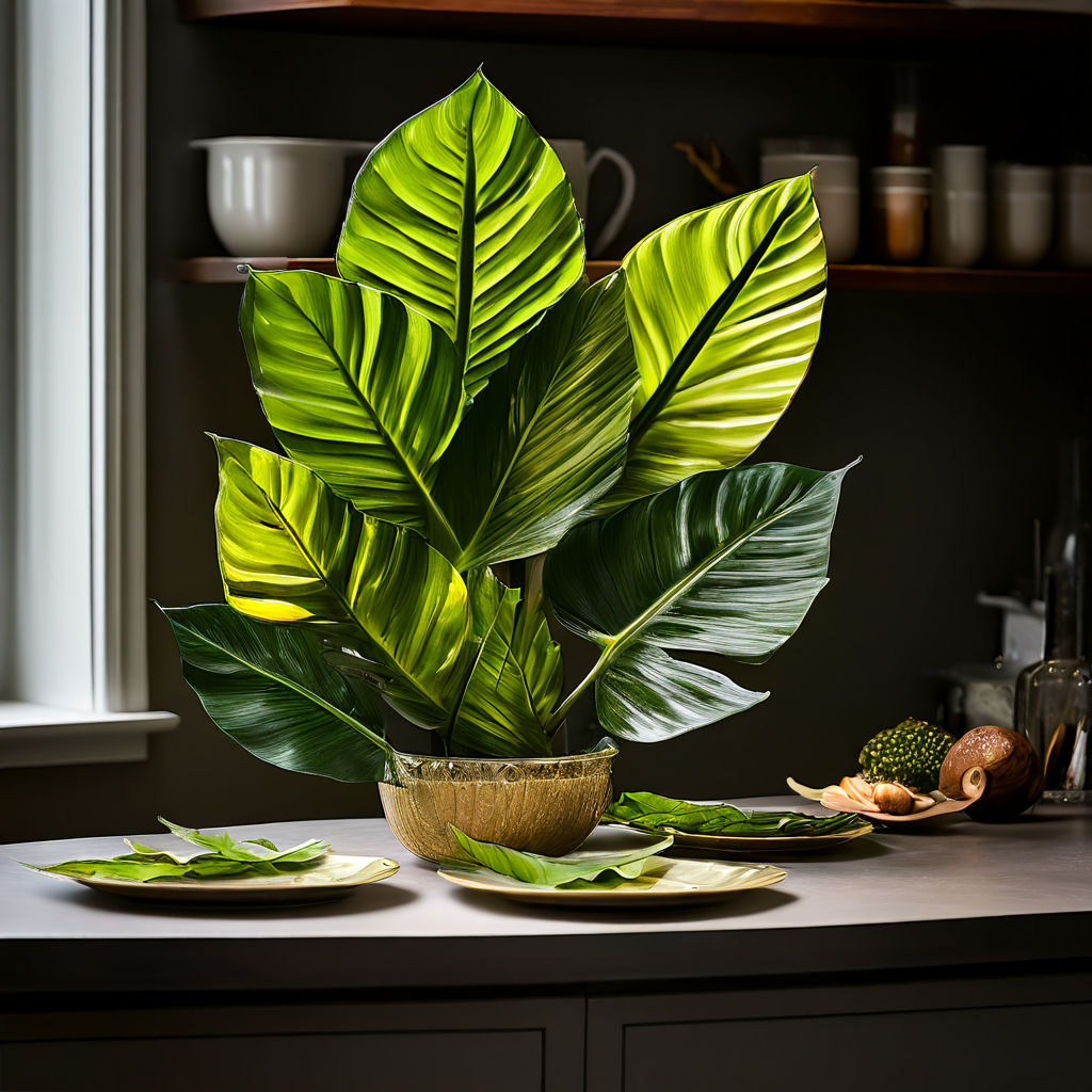 Create plam leaf plates kept vertically in a kitchen and the... by ...