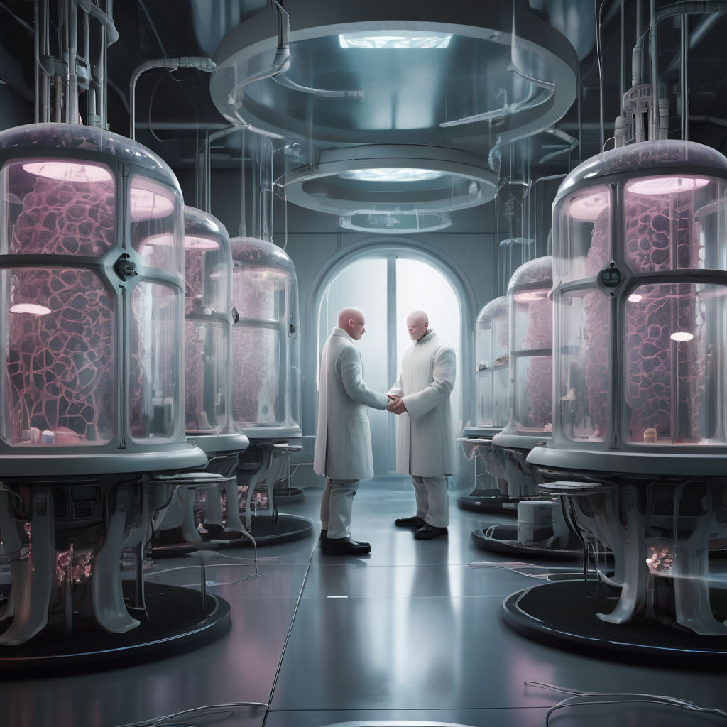 A future tech lab with glass cells inside the cells are bald... by ...