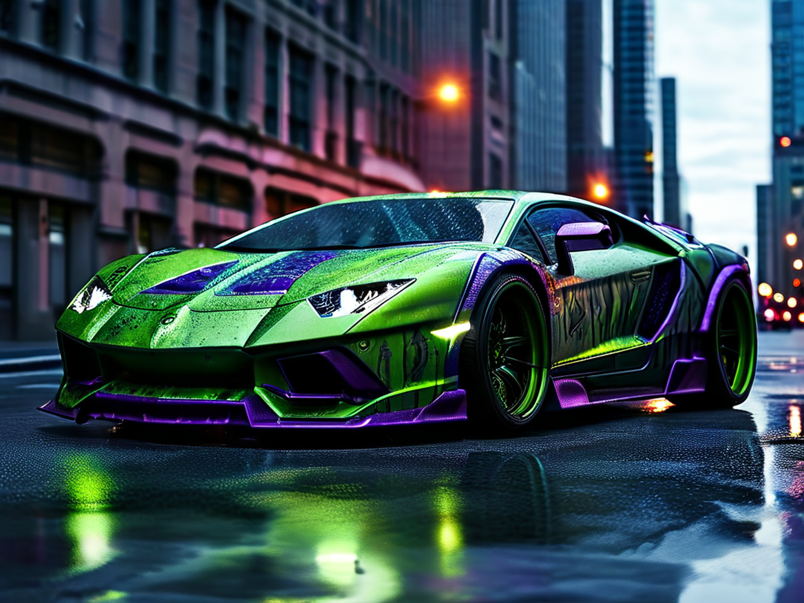 Muscular supercar bearing the iconic green and purple colors... by ...