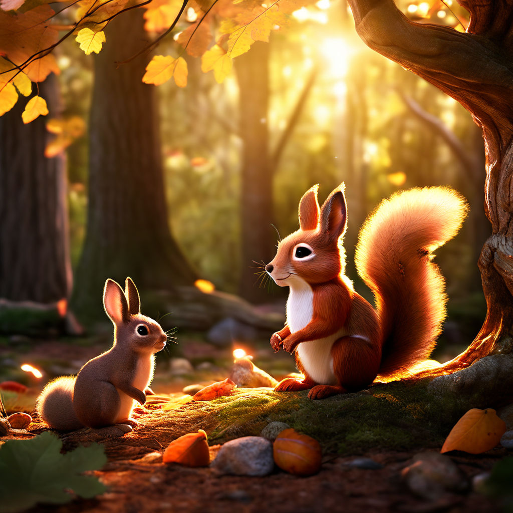 Under a sprawling tree in an animated forest setting bathed ... by ...