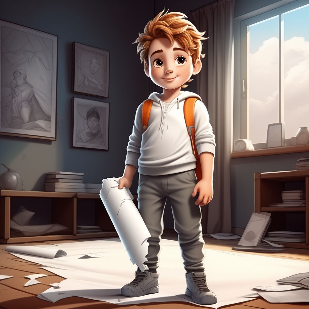 A boy with a plaster cast on his arm drawing in a cartoon st... by Co ...