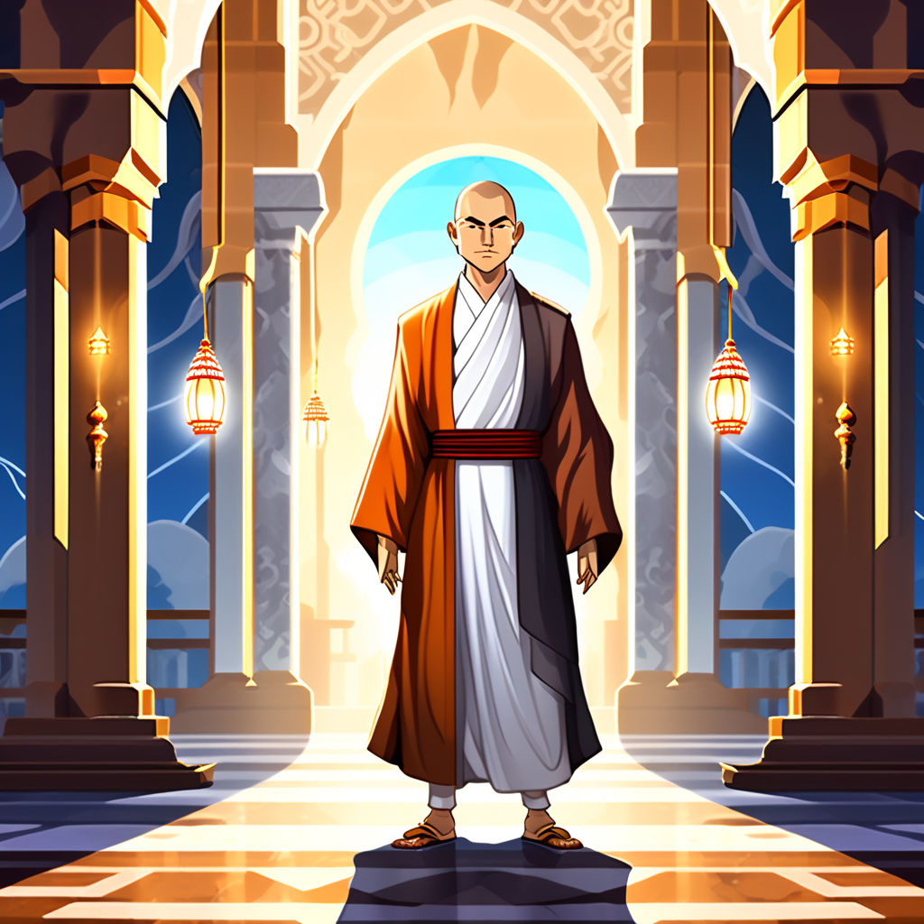 A monk with serene look face detail standing full body with... by Meera ...