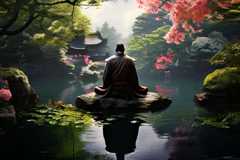 A serene picture of a samurai sitting in meditation beside a... by ...