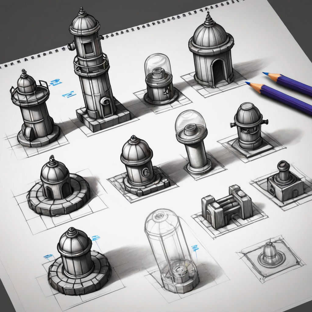 A pencil sketch of concept designs for 3D models for a platf... by ...