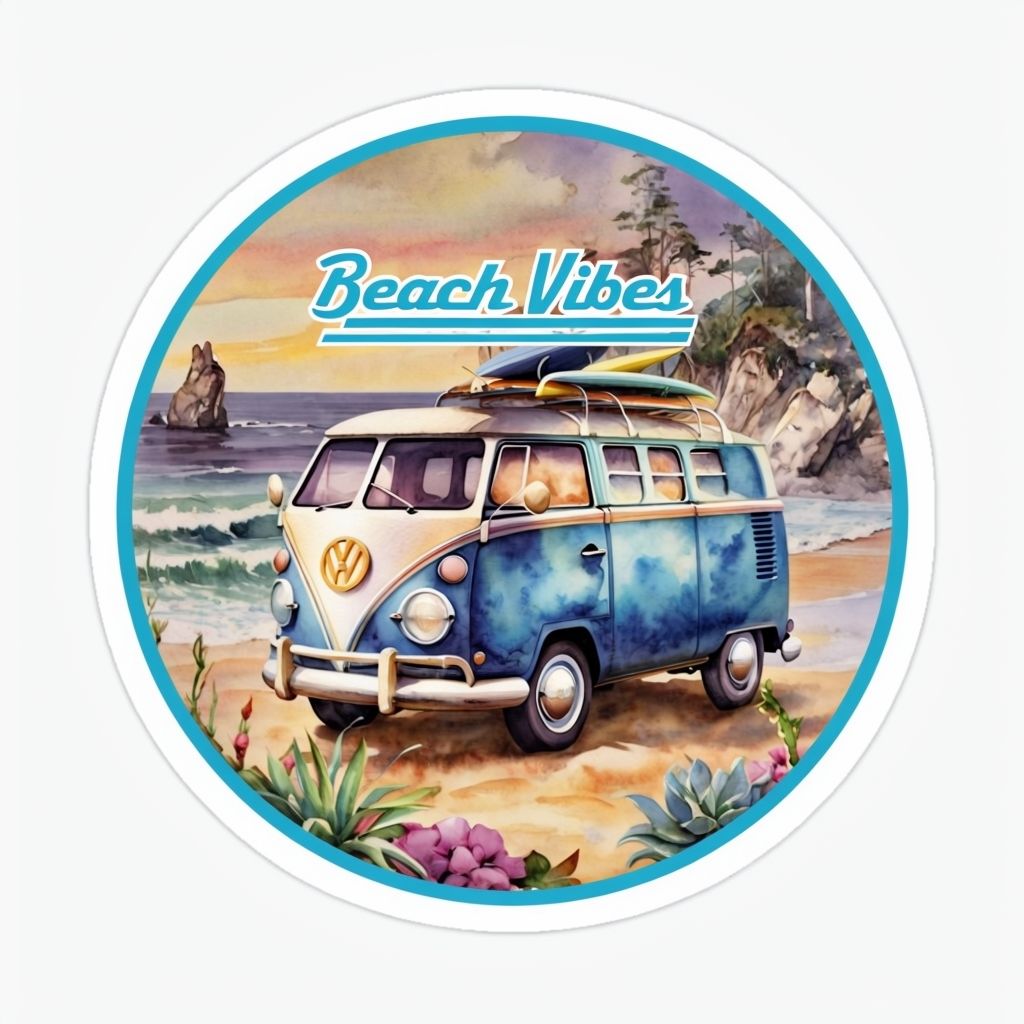 Vintage Pop Art Sticker With Blue VW Van On Beach - Playground