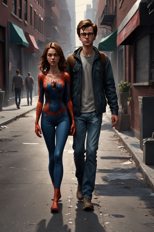 A full body photo of peter parker with a lady the streets wa... by ...