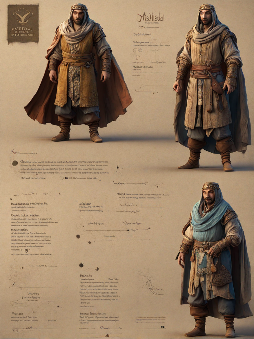 CREATE a stylized and realistic medieval arabic character sh... by ...