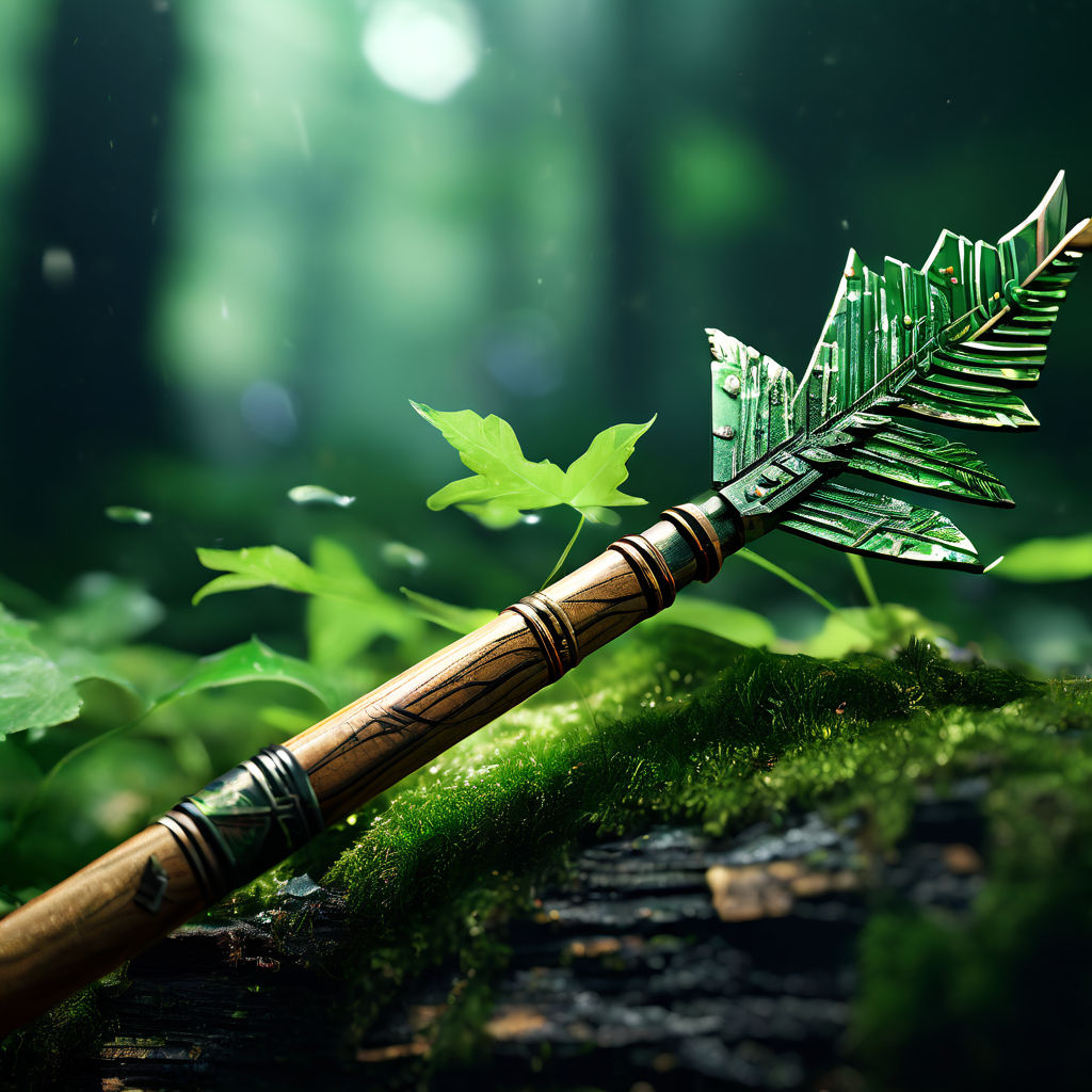 Wooden arrow to the aim in the green forest with falling gre... by 남현주 ...